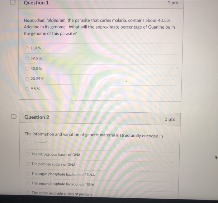 Solved D | Question 1 1 pts Plasmodium falciparum, the | Chegg.com