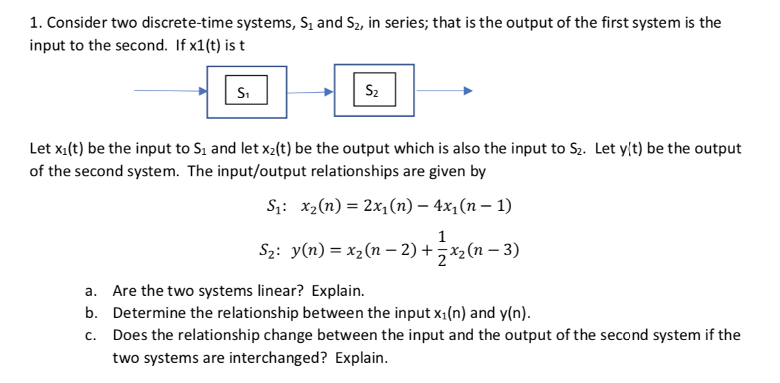 Solved 1. Consider two discrete-time systems, Si and S2, in | Chegg.com
