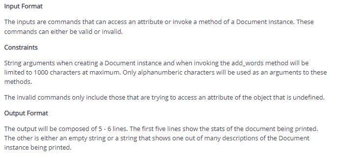 Create a Python class, Document. Upon initialization, | Chegg.com