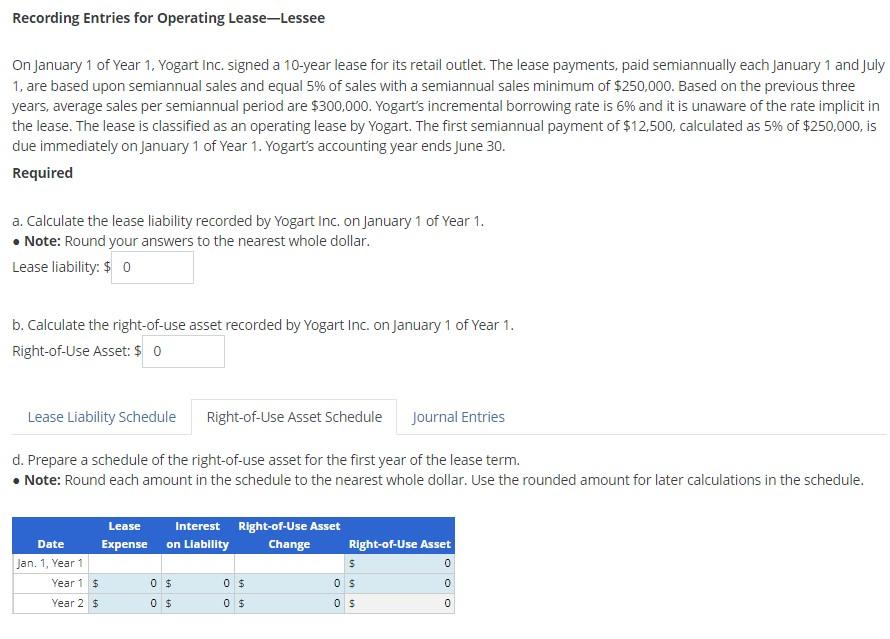 Solved Recording Entries for Operating Lease-Lessee On | Chegg.com