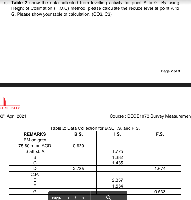 Solved c) Table 2 show the data collected from levelling | Chegg.com
