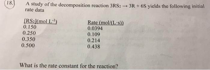 Solved study of the decomposition reaction 3RS2 → 3R + 6S | Chegg.com