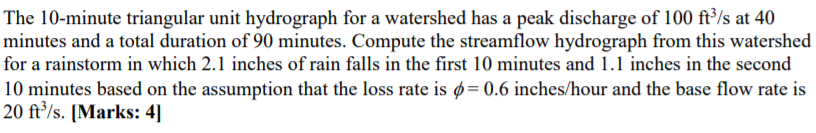 Solved The 10-minute triangular unit hydrograph for a | Chegg.com