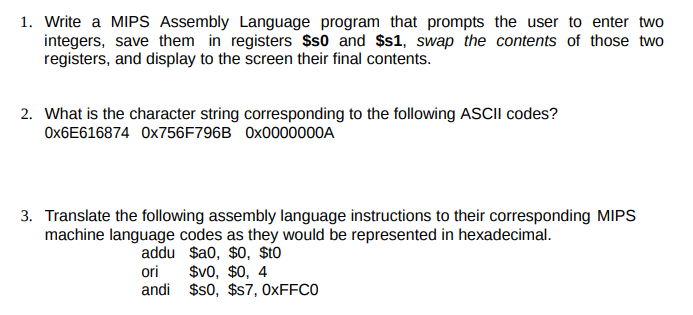 Solved 1. Write a MIPS Assembly Language program that | Chegg.com