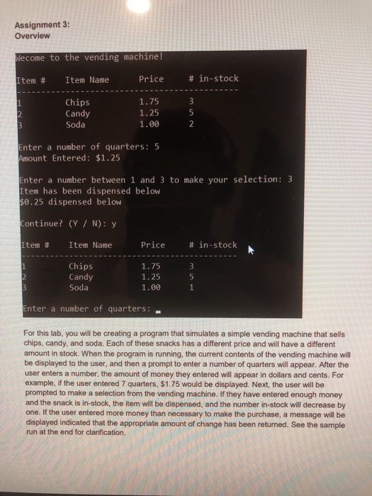Solved Assignment 3: Overview ecome to the vending machine! | Chegg.com