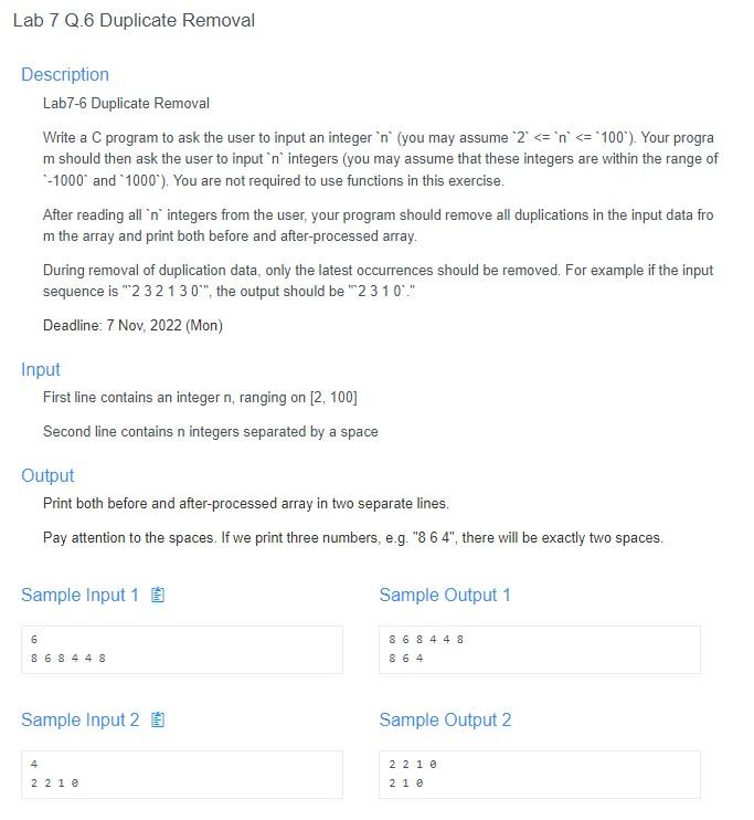 Solved Description Lab7-6 Duplicate Removal m should then | Chegg.com