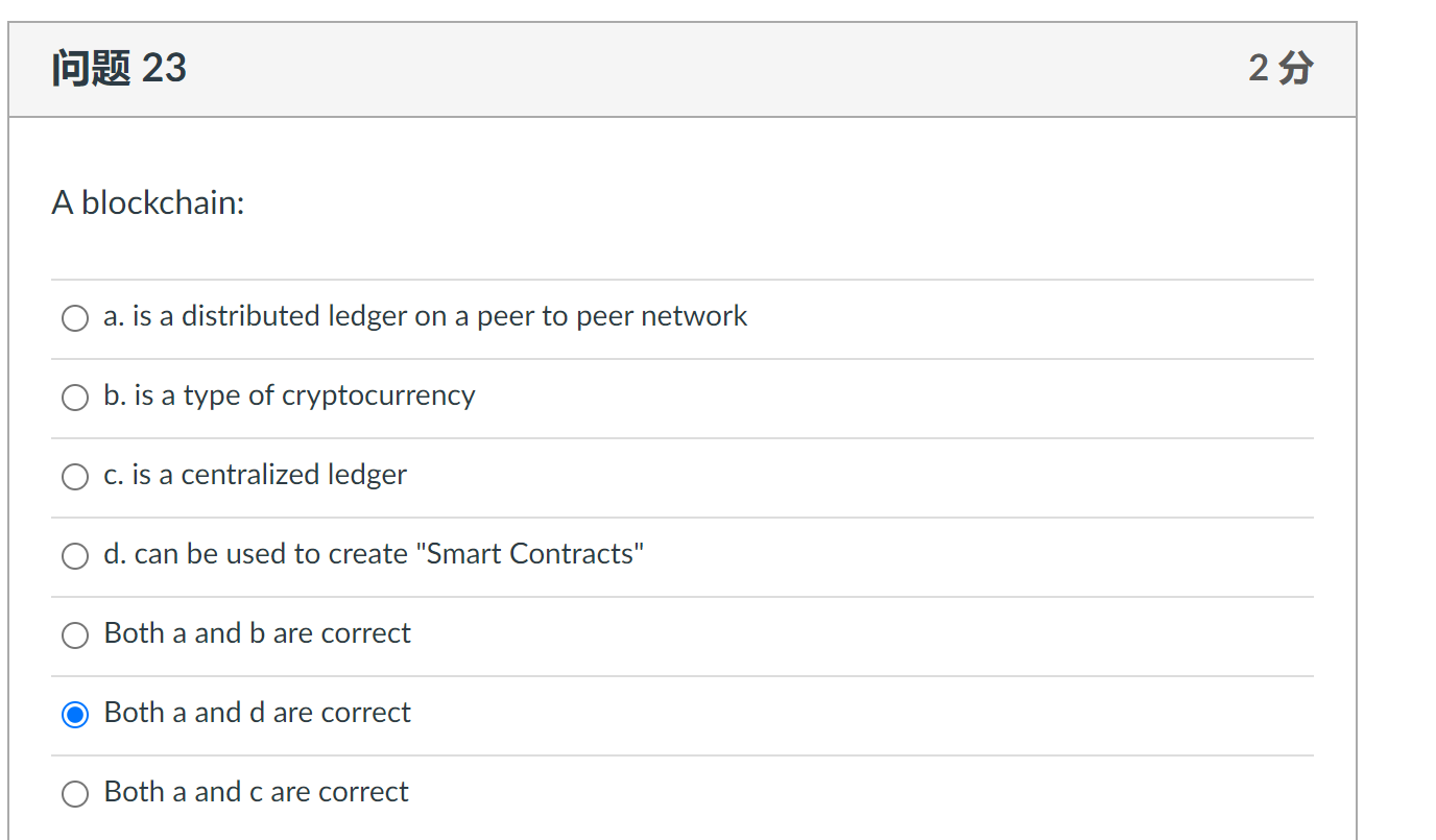 Solved |可题 23 A blockchain: a. is a distributed ledger on a | Chegg.com