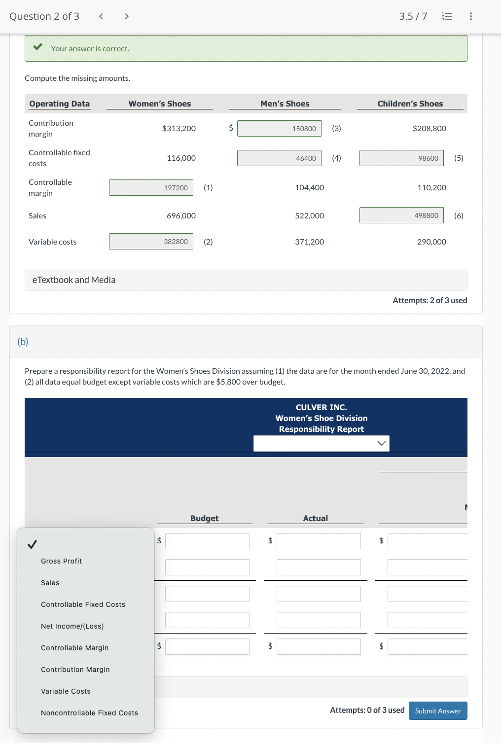 Solved Your answer is correct.Compute the missing | Chegg.com