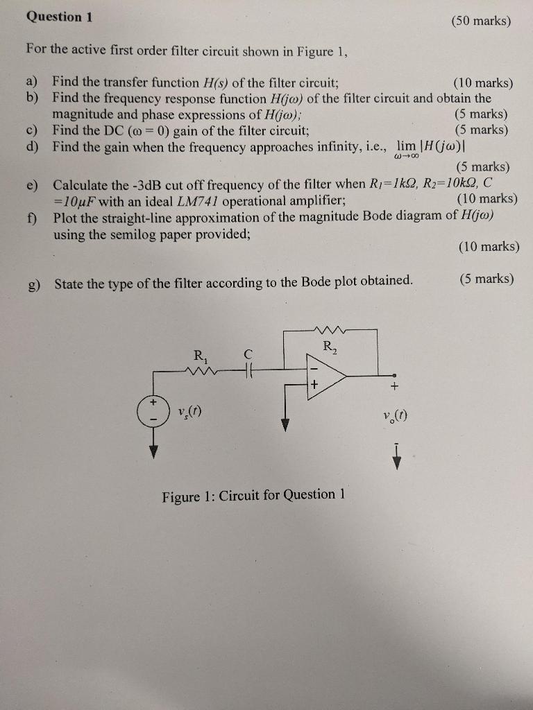 Solved For the active first order filter circuit shown in | Chegg.com