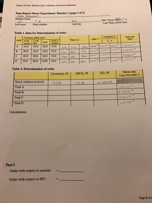 Chem 116 New Kinetics Lab 1; Kinetics of acetone | Chegg.com