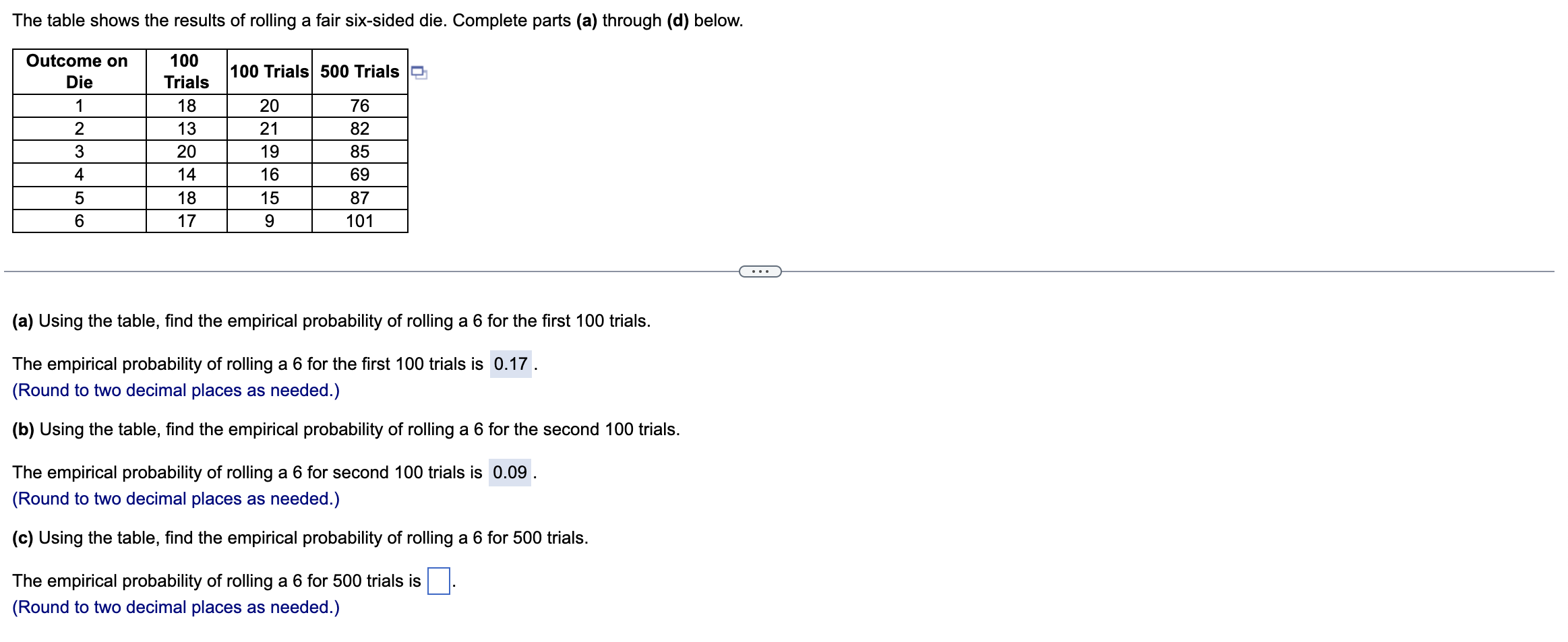 Solved The table shows the results of rolling a fair | Chegg.com
