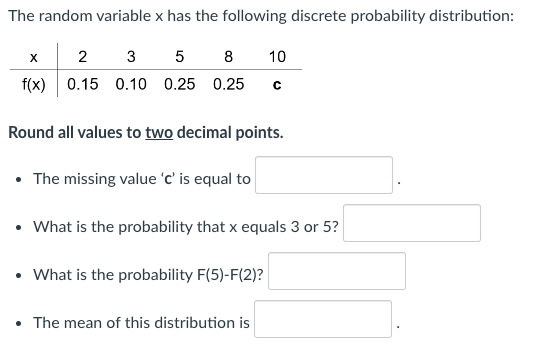 Solved The random variable x has the following discrete | Chegg.com