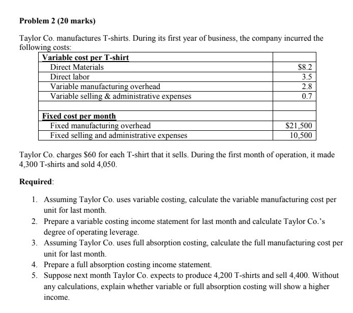 Solved Problem 2 20 Marks Taylor Co Manufactures Chegg
