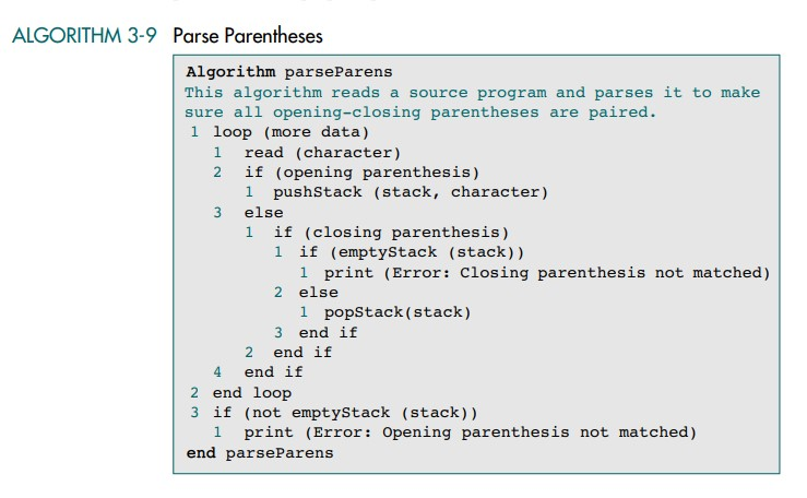 ALGORITHM 3-9 Parse Parentheses Algorithm parseParens | Chegg.com