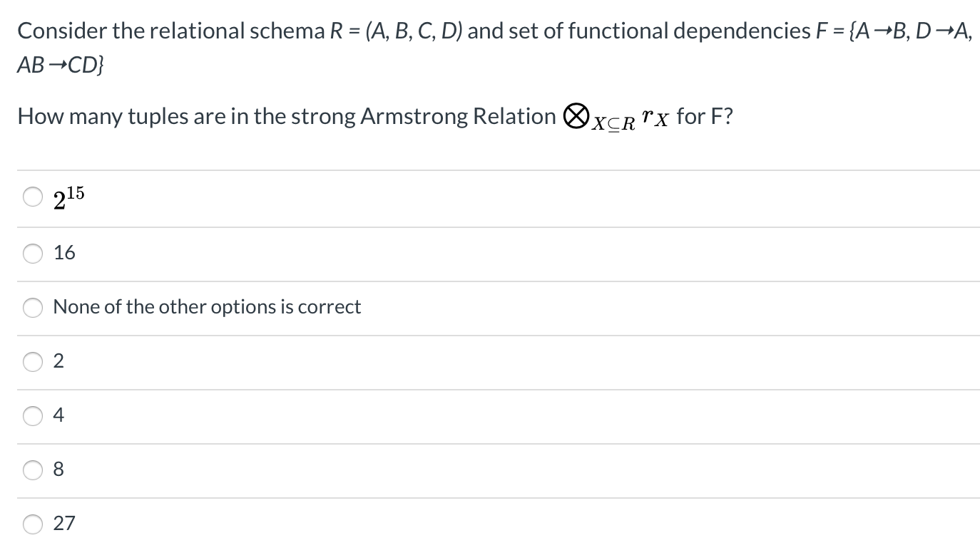 Solved Consider the relational schema R = (A, B, C, D) and | Chegg.com