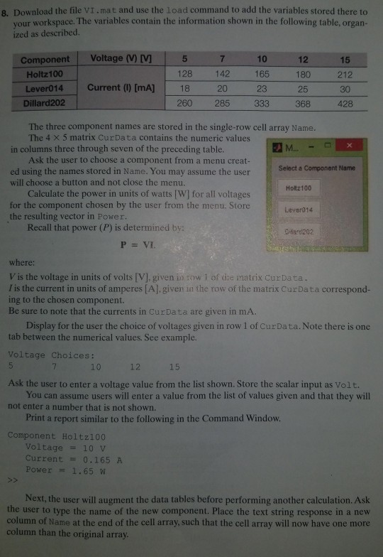 Solved 8. Download the file VI.mat and use the load command | Chegg.com