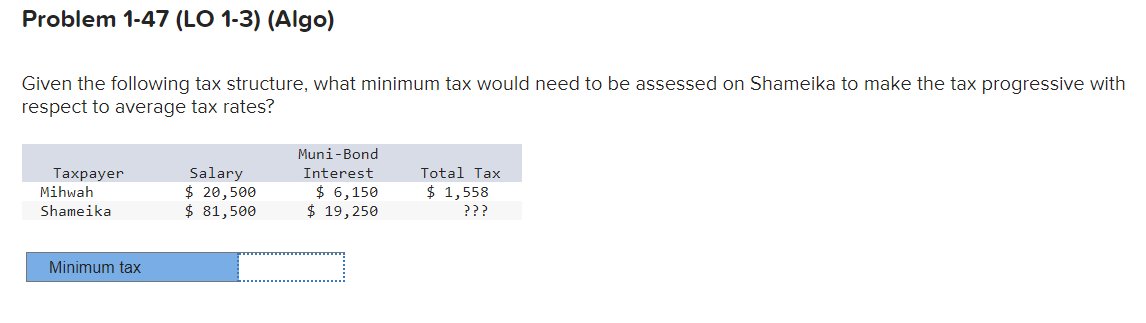 Solved Problem 1-47 (LO 1-3) (Algo)Given the following tax | Chegg.com Solved Problem 1-47 (LO 1-3) (Algo)Given the following tax | Chegg.com