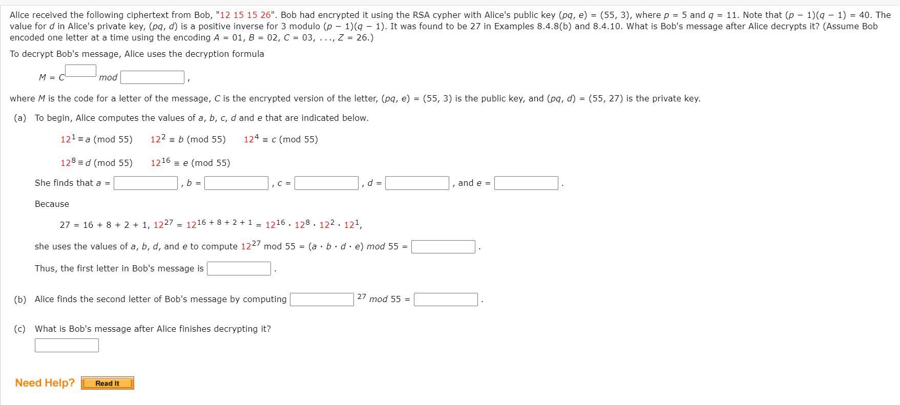 Solved Alice received the following ciphertext from Bob, "12 | Chegg.com
