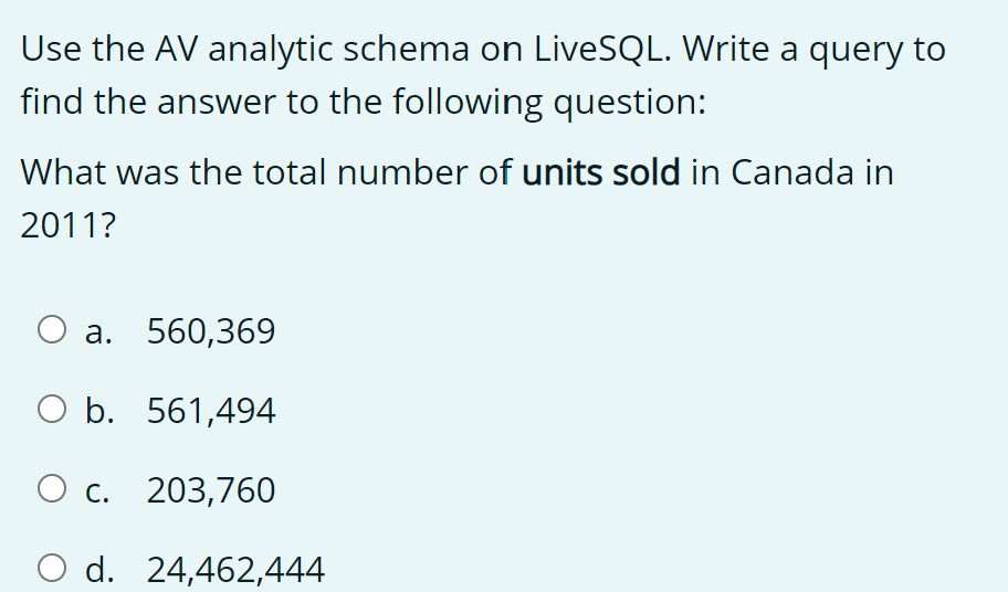 Solved Use the AV analytic schema on LiveSQL. Write a query | Chegg.com