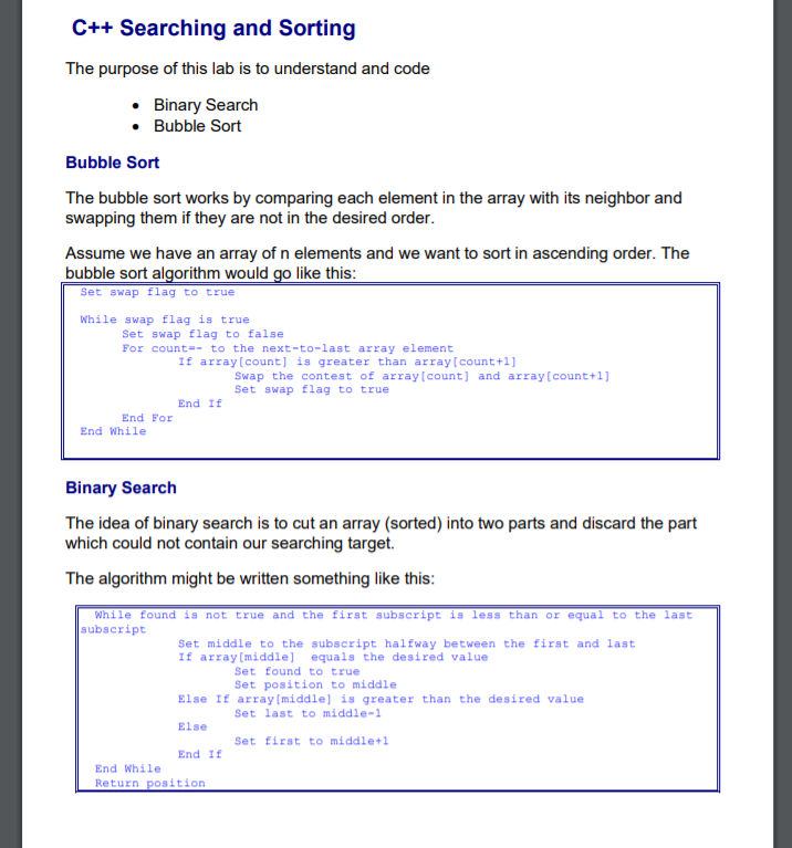 C++ Searching and Sorting The purpose of this lab is | Chegg.com