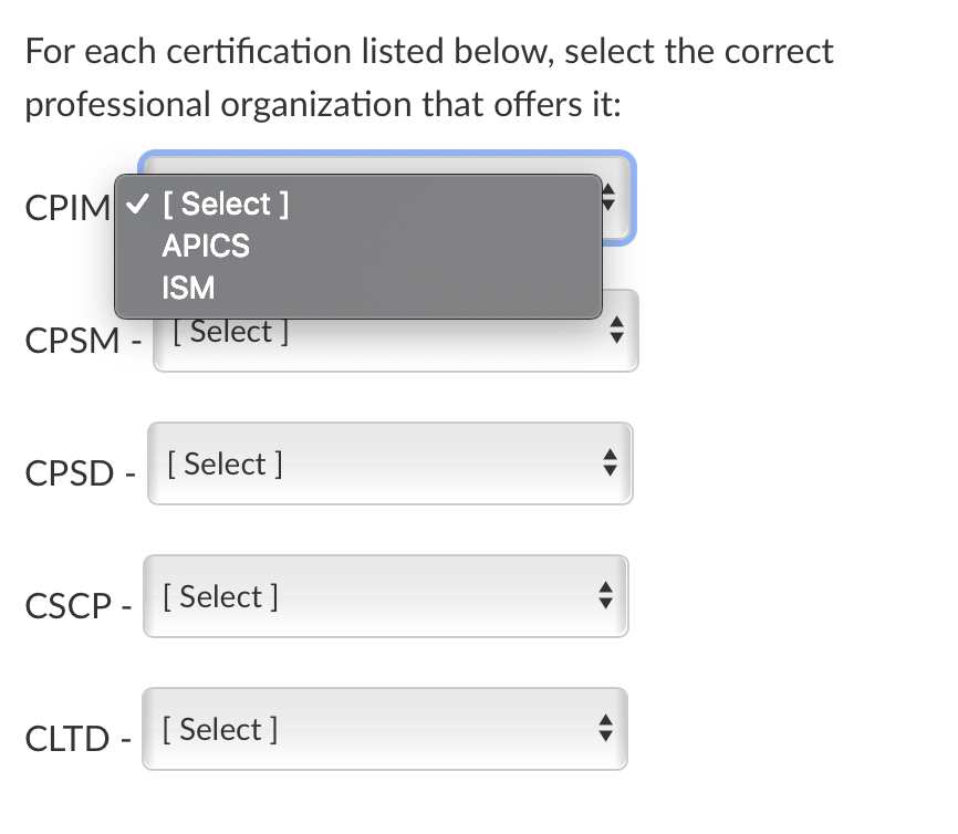 Solved For each certification listed below, select the | Chegg.com