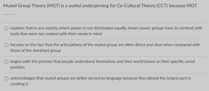 Solved Muted Group Theory (MGT) is a useful underpinning for | Chegg.com