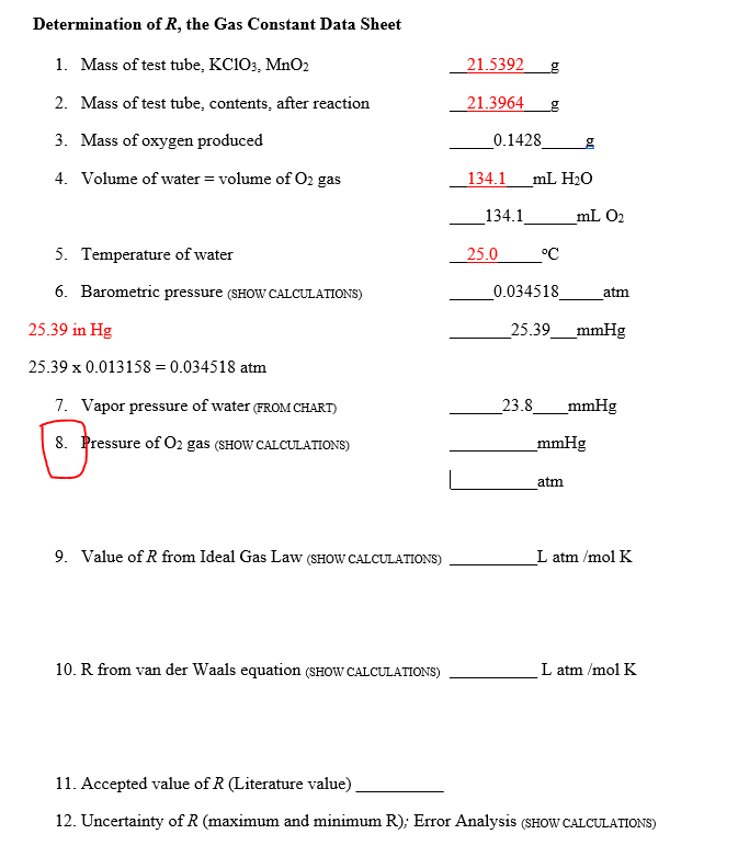 Solved Determination of R, the Gas Constant Data Sheet | Chegg.com