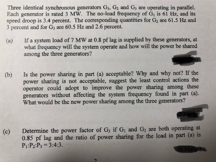 Solved Three identical synchronous generators Gi, G2 and G3 | Chegg.com