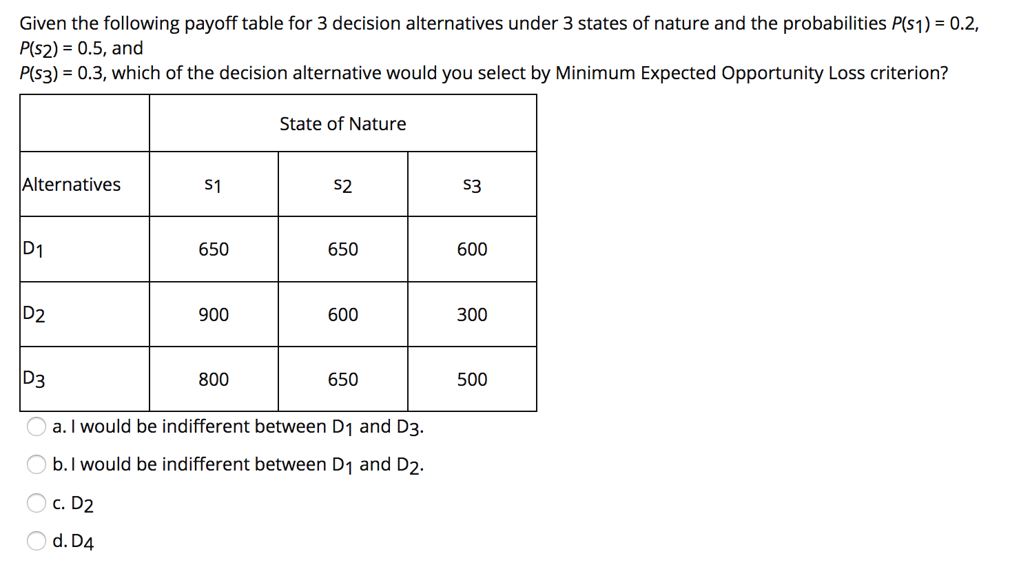 Solved Given the following payoff table for 3 decision | Chegg.com