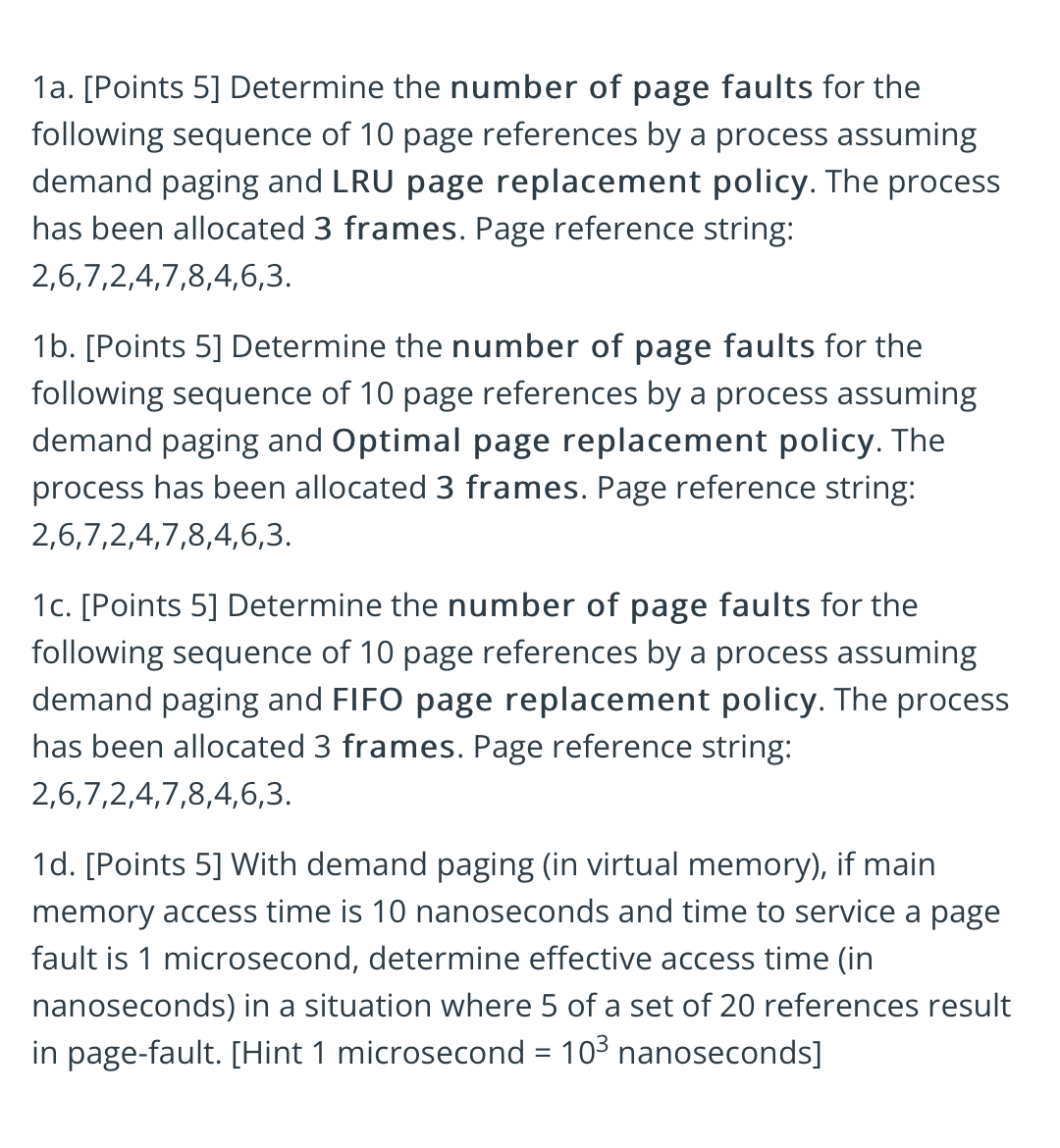 Solved 1a. [Points 5] ﻿Determine the number of page faults | Chegg.com