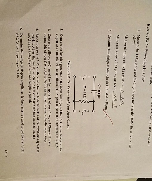 Solved Pre-Lab Exercises for Experiment 7: Passive Analog | Chegg.com