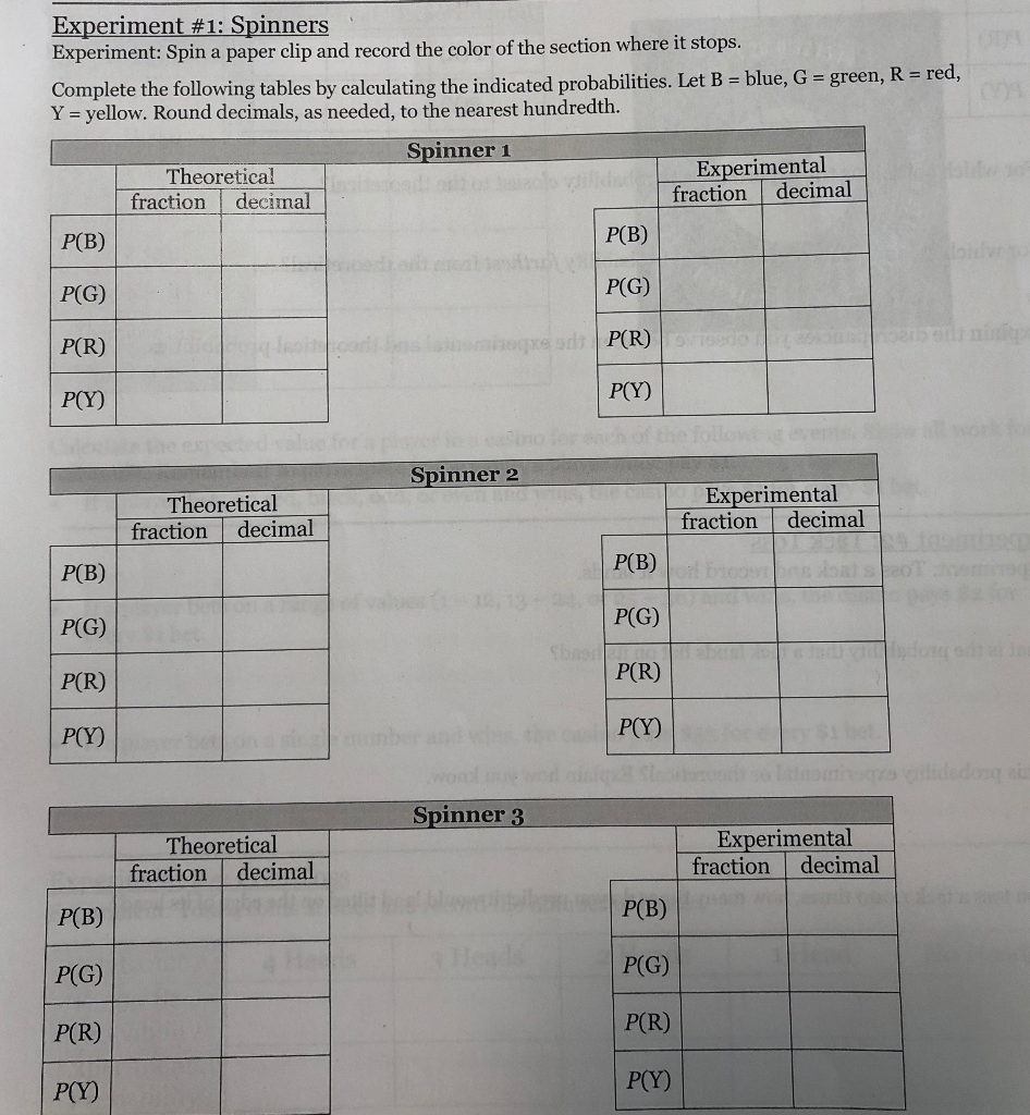 Solved Experiment #1: Spinners Spinner 1 Spinner 2 Number | Chegg.com