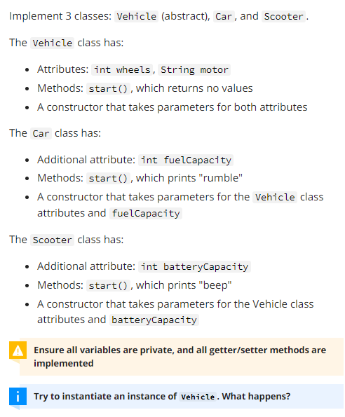 Solved Implement 3 classes: Vehicle (abstract), Car, and | Chegg.com