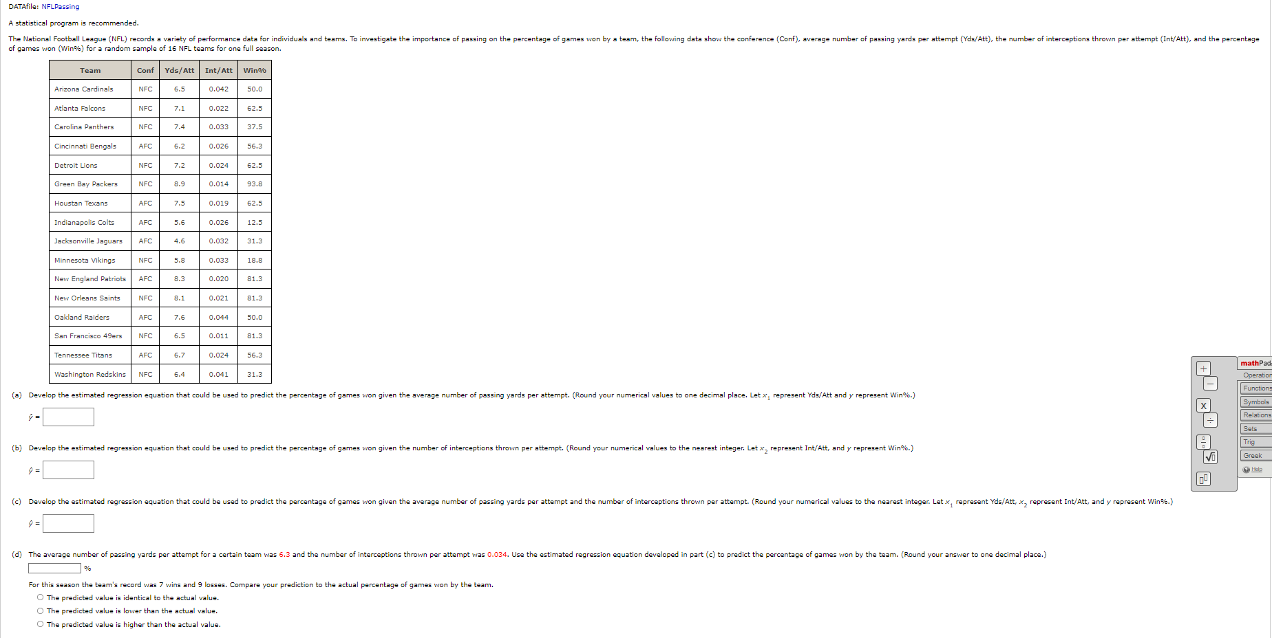 Solved DATAfile: NFLPassing A statistical program is | Chegg.com