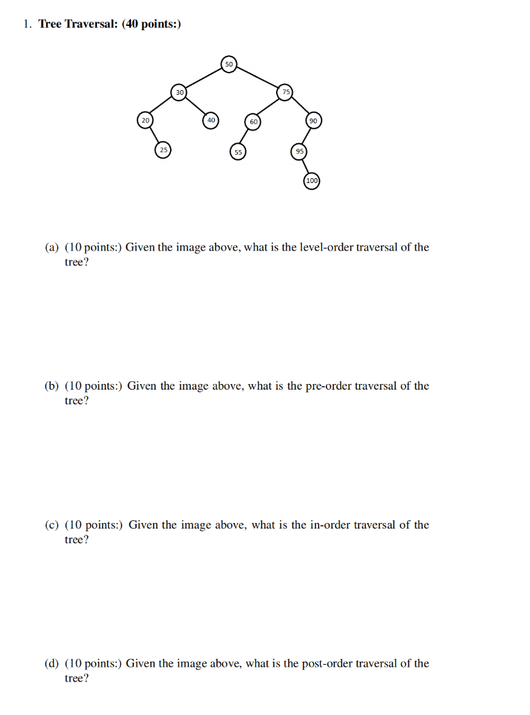 Solved 1. Tree Traversal: (40 points:) (a) (10 points:) | Chegg.com