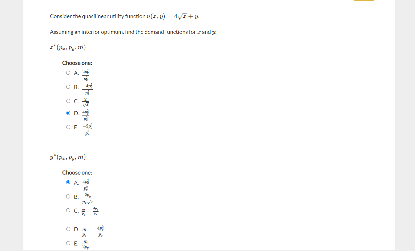 Solved Consider the quasilinear utility function u(x, y) = | Chegg.com