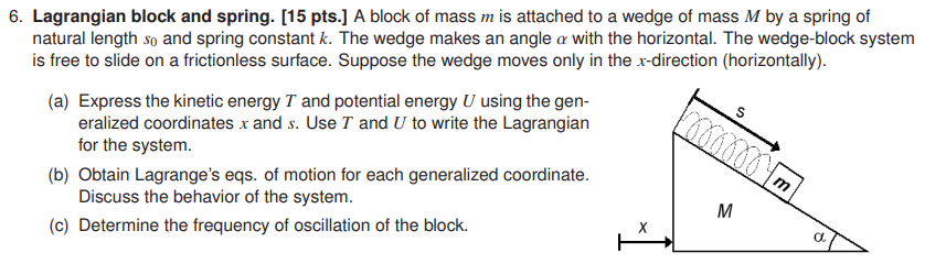 Solved 6. Lagrangian block and spring. (15 pts.] A block of | Chegg.com