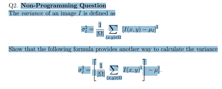 Solved Q2. Non-Programming Question The variance of an image | Chegg.com