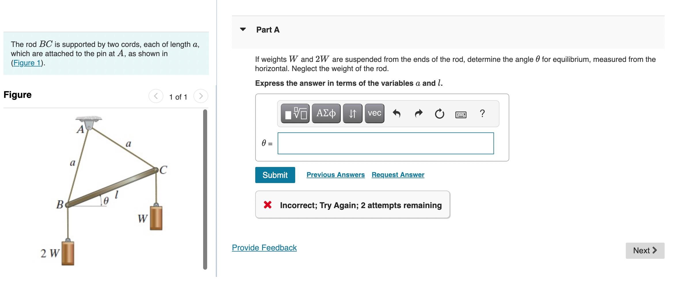Solved The rod BC is supported by two cords, each of length | Chegg.com