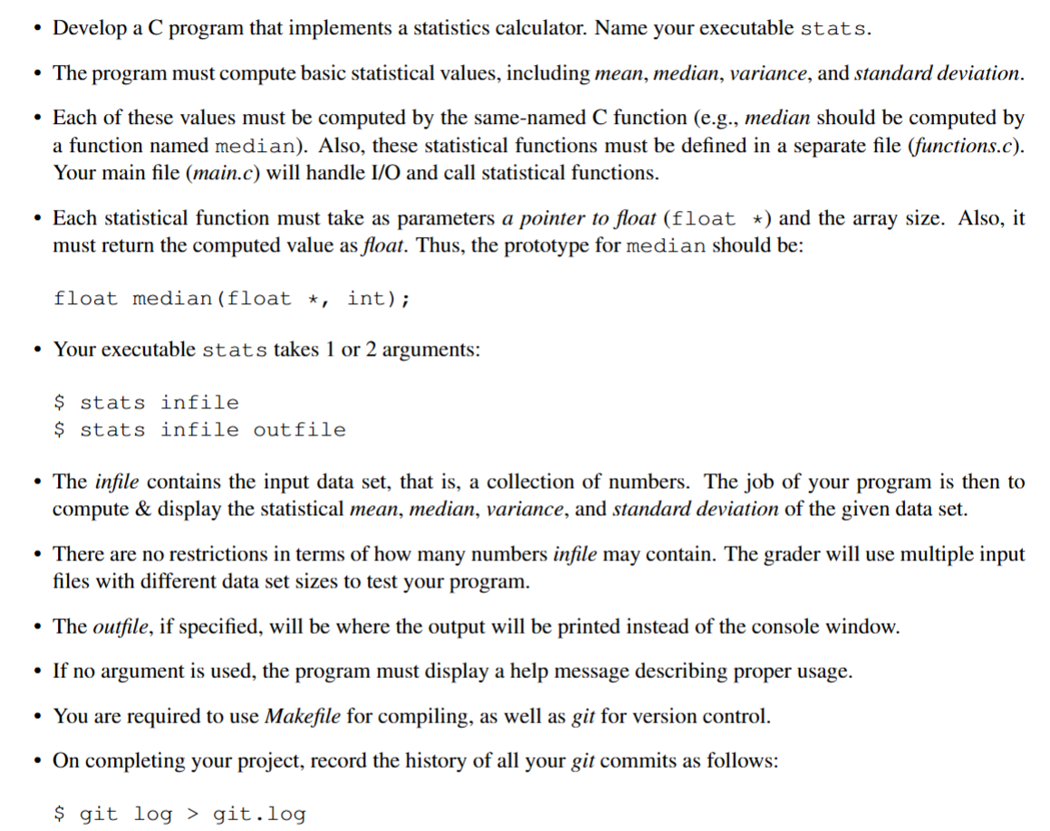 Solved Develop a C ﻿program that implements a statistics | Chegg.com