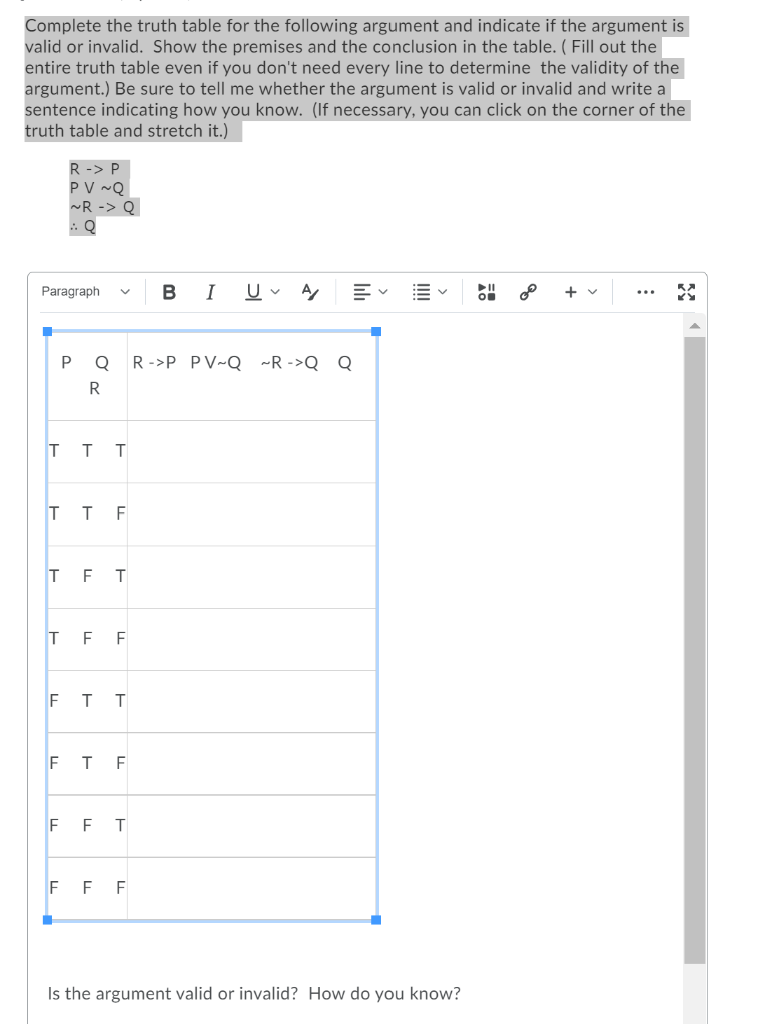 Solved Complete the truth table for the following argument | Chegg.com