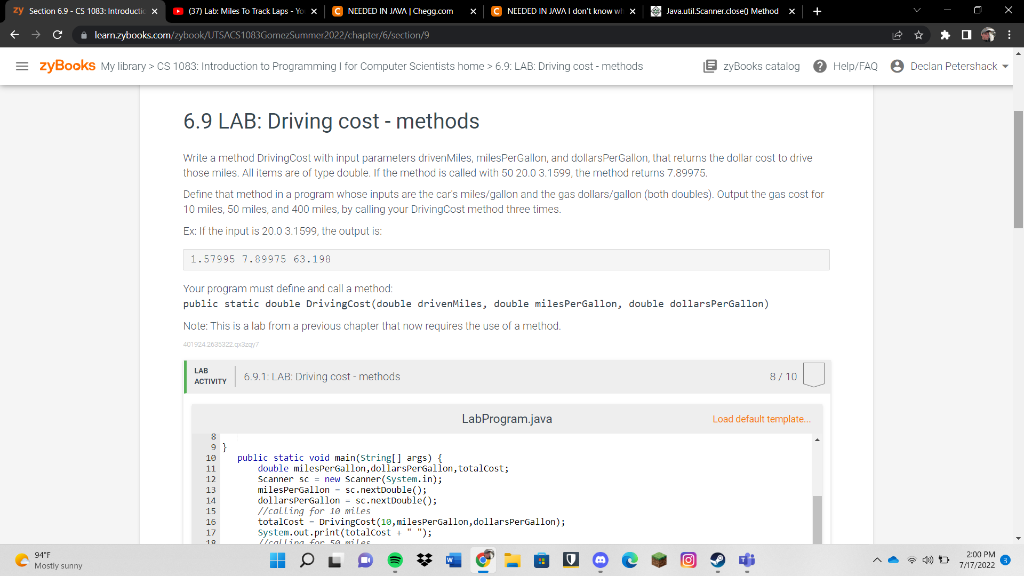 Solved 6.9 LAB: Driving cost - methods Write a method | Chegg.com