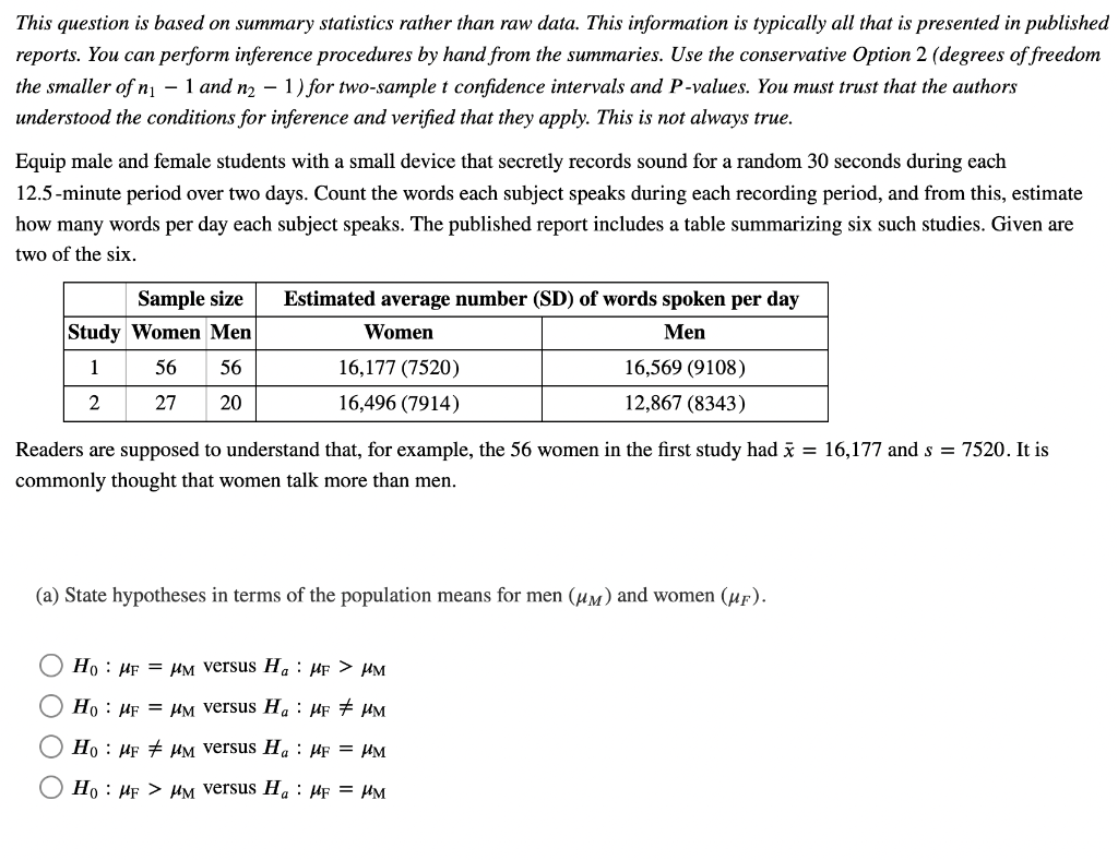 Solved This question is based on summary statistics rather | Chegg.com