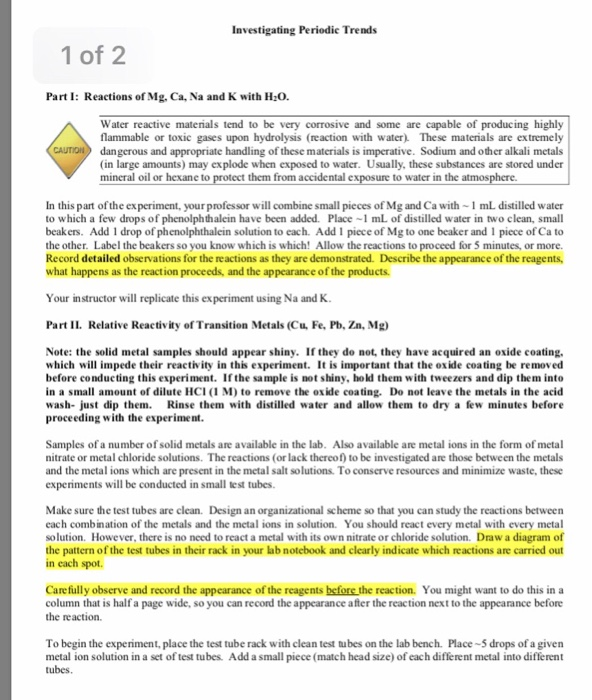 Investigating Periodic Trends 1. Write balanced | Chegg.com
