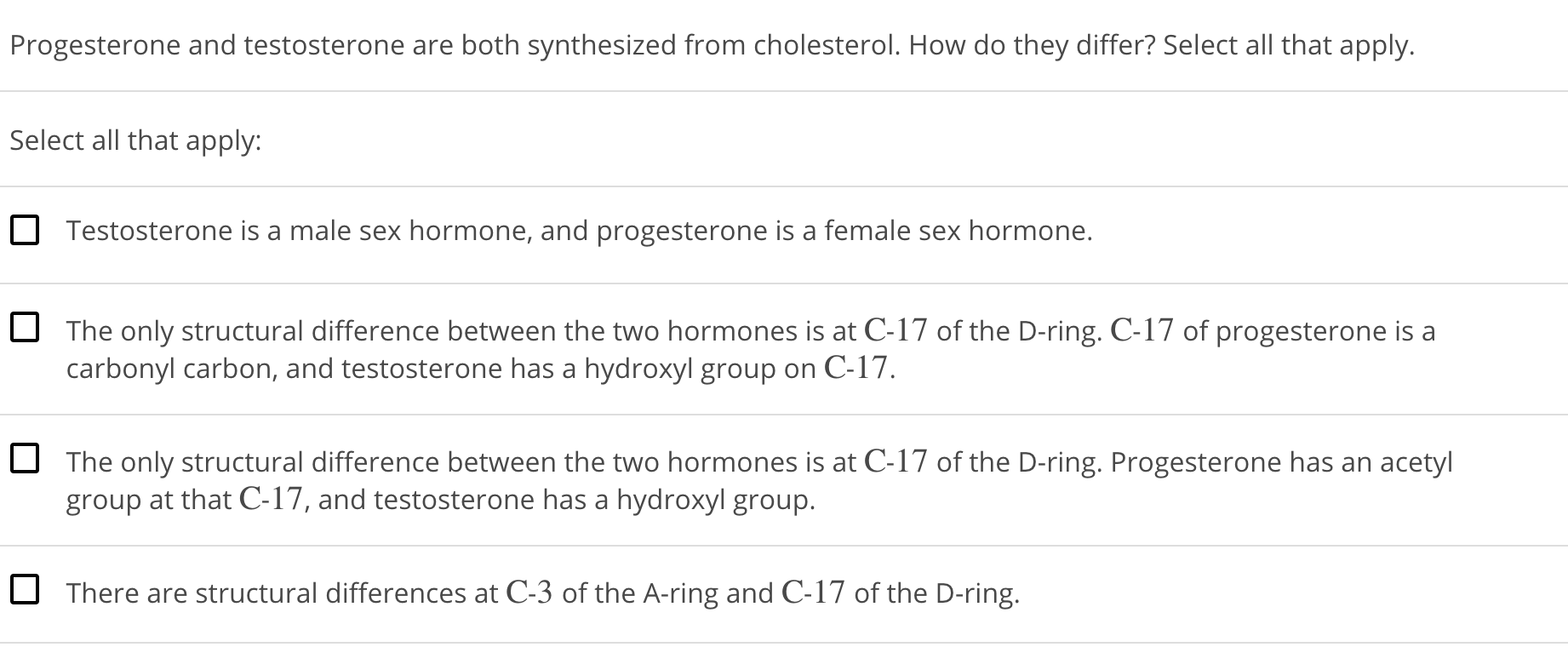 Solved Progesterone and testosterone are both synthesized | Chegg.com