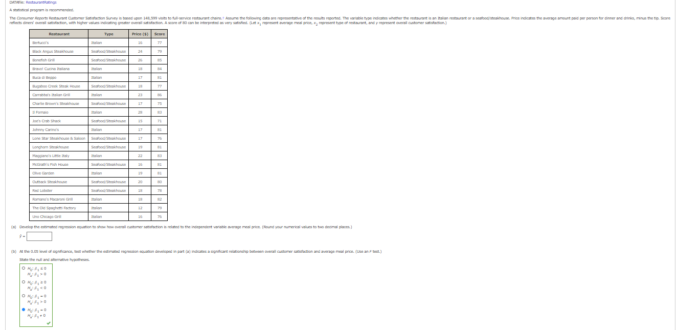 Solved DATAfile: Restaurant Ratings A statistical program is | Chegg.com