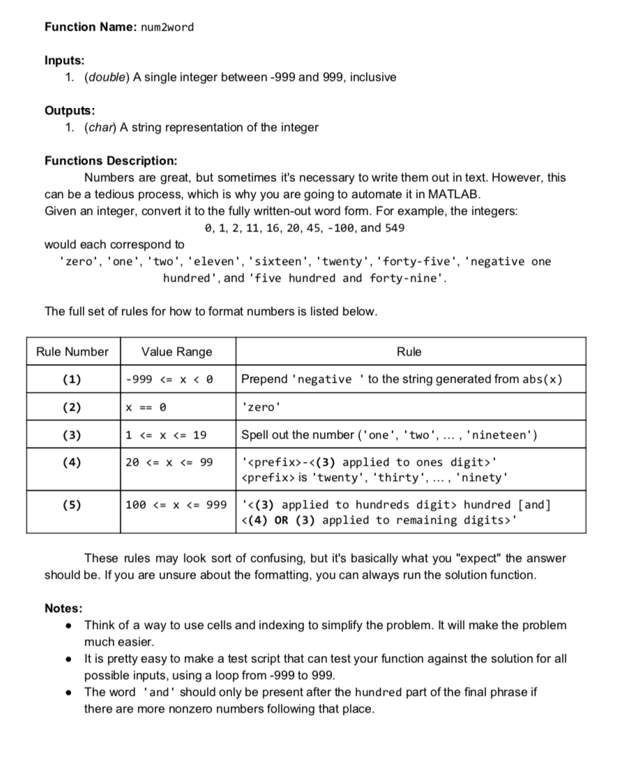 Solved Function Name Num2word Inputs 1 Double A Single 5735