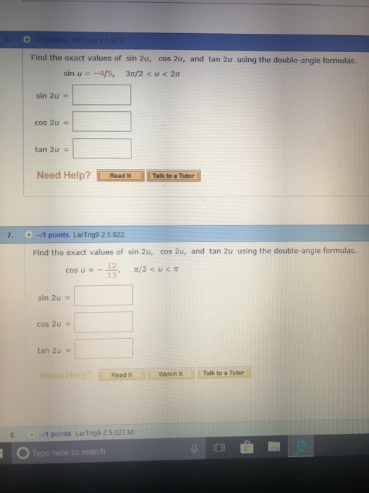 Solved Find the exact values of sin 2u, cos 2u, and tan 2u | Chegg.com