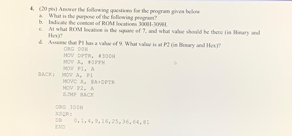 Solved 4. (20 pts) Answer the following questions for the | Chegg.com