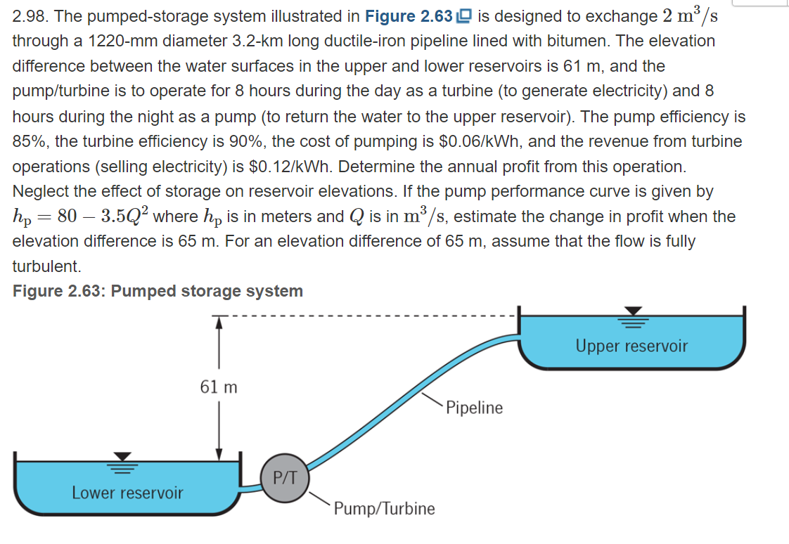 Solved 2.98. The pumped-storage system illustrated in Figure | Chegg.com